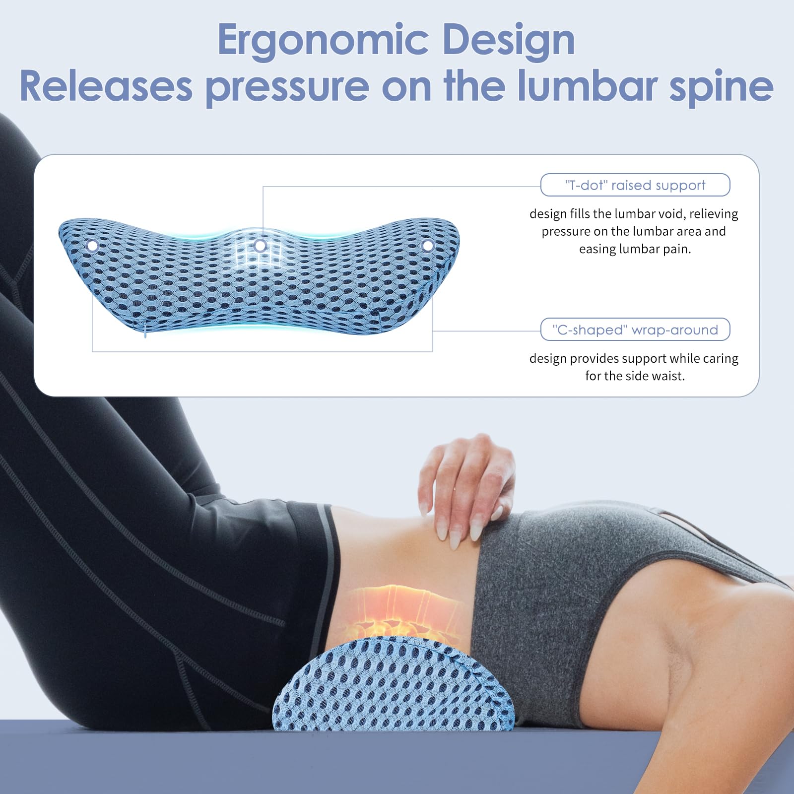 kasney Lumbar Support Pillow Ergonomic Memory Foam, Relieve Back Pain, CMFY Breathable & Detachable & Washable, Perfect for Office Chairs, Car Seats, Beds (Blue)
