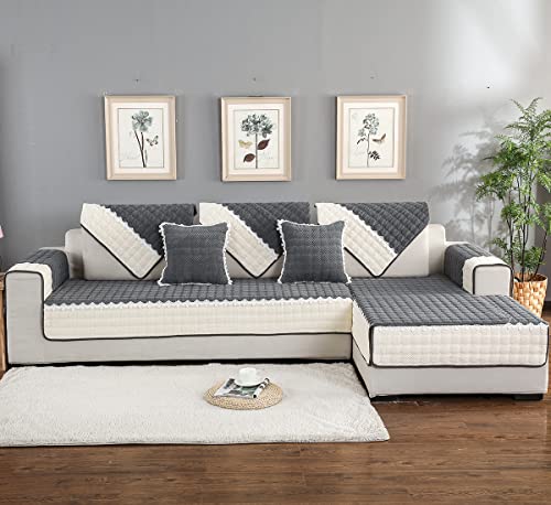 vctops Soft Corduroy Sofa Couch Cover, Plaid Sectional Couch Covers, Non-Slip Sofa Slipcover for Dogs Cats Kids(Dark Grey,28"x28")