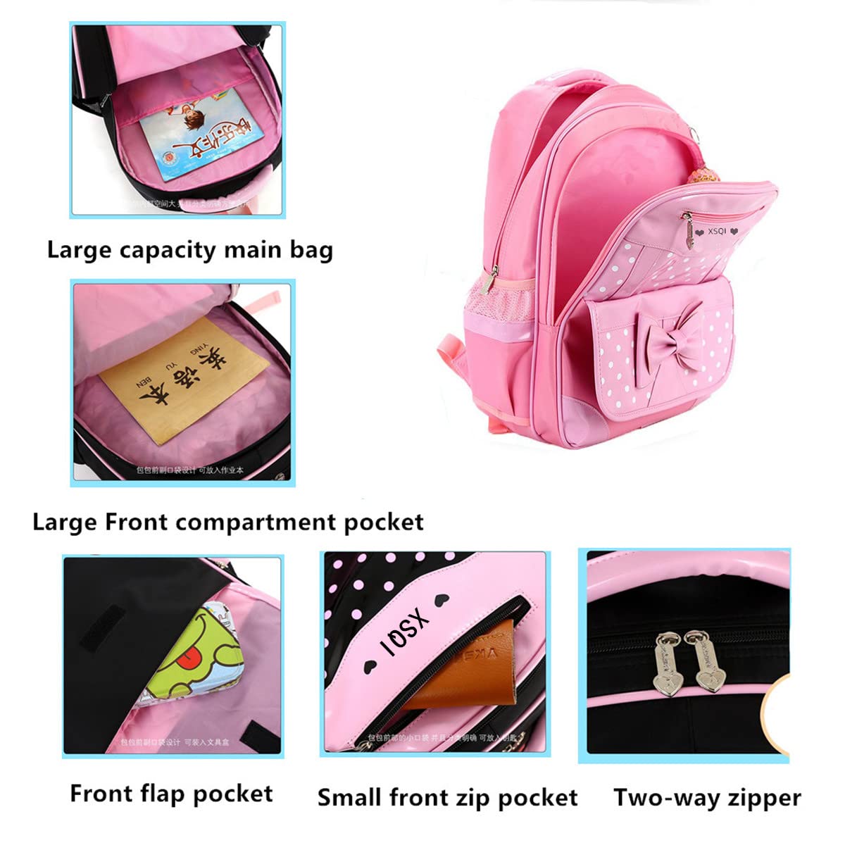 MITOWERMI Rolling Backpack for Girls Trolley School Bags Cute Bowknot Girls Backpack with Wheels Carry-on Travel Luggage with Handbag Toddler Elementary Princess Bookbags