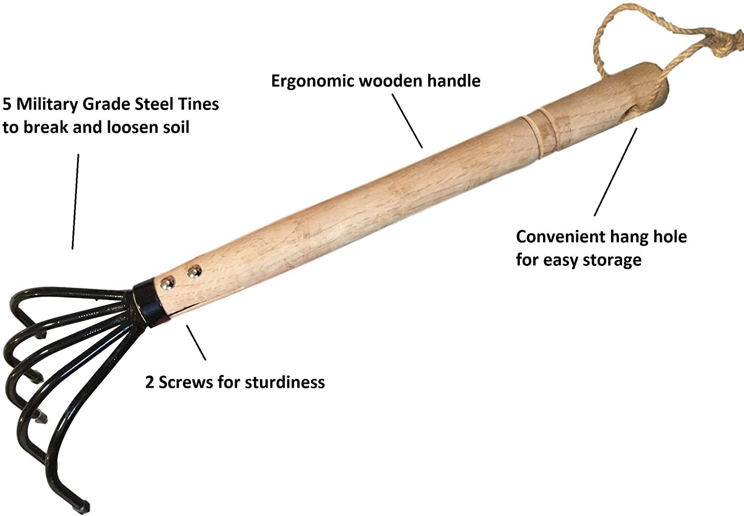 Garden Guru Hand Rake Cultivator Claw Soil Tiller - Military Grade Steel - Rust Resistant - 5 Tine Japanese Ninja Claw - Comfortable Wood Handle - Perfect Pulverized and Aerated Soil (2 Pack)