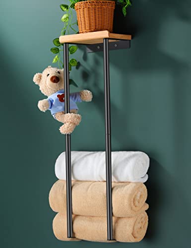 Towel Rack Wall Mounted - KEGII Towel Racks with New Upgrade Wood Shelf, Towel Storage Wall Can Holds Up to 5 Large Size(63x40 inch) of Rolled Towels