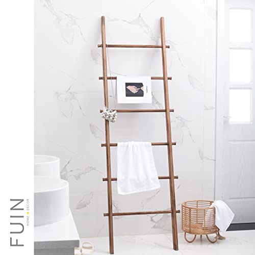 FUIN 6ft & 5ft Wood Decorative Wall Leaning Blanket Ladders Bathroom Storage Quilt Towel Display Rack Shelf Holder Rustic Farmhouse, Brown