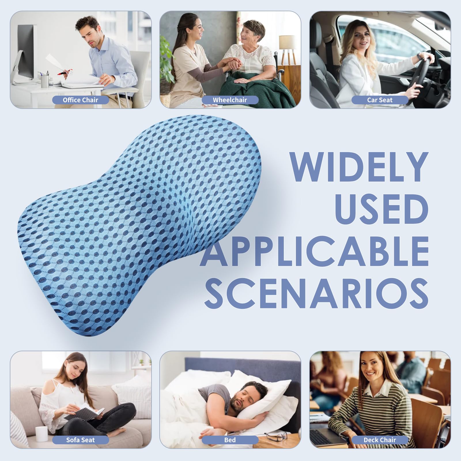 kasney Lumbar Support Pillow Ergonomic Memory Foam, Relieve Back Pain, CMFY Breathable & Detachable & Washable, Perfect for Office Chairs, Car Seats, Beds (Blue)