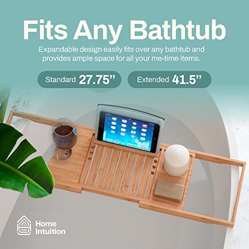 Home Intuition Expandable Bamboo Bathtub Tray Caddy (27.75-41.5 Inches) Luxury Bath Tub Tray Table Bathtub Caddy Bath Accessories for Women & Men Bath Tray Shelf with Book & Wine Holder