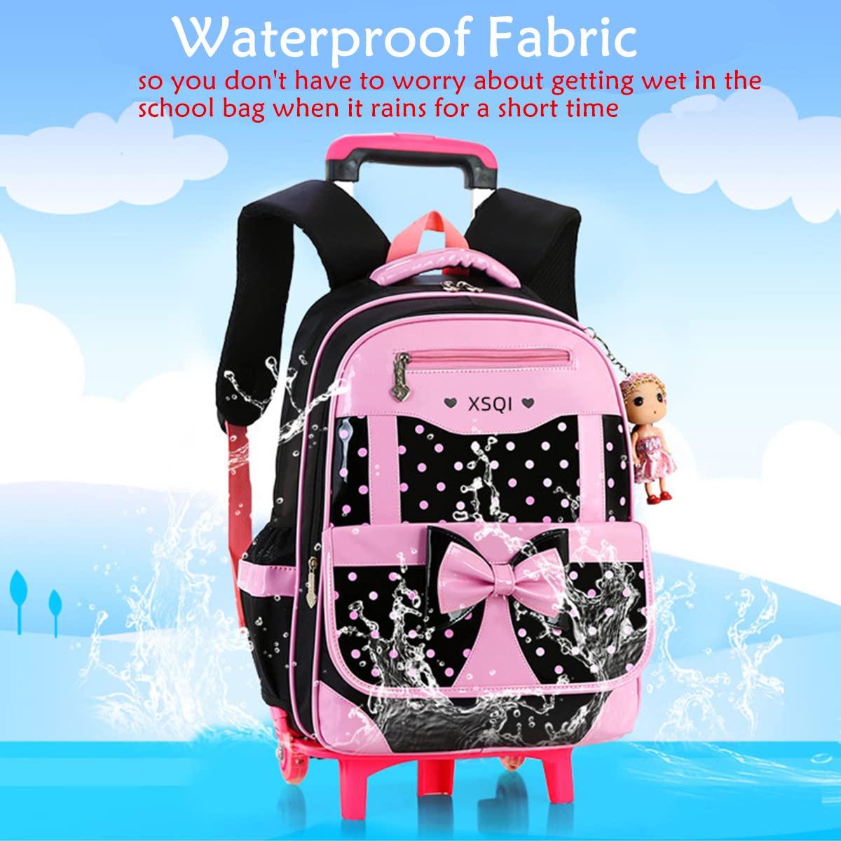 MITOWERMI Rolling Backpack for Girls Trolley School Bags Cute Bowknot Girls Backpack with Wheels Carry-on Travel Luggage with Handbag Toddler Elementary Princess Bookbags