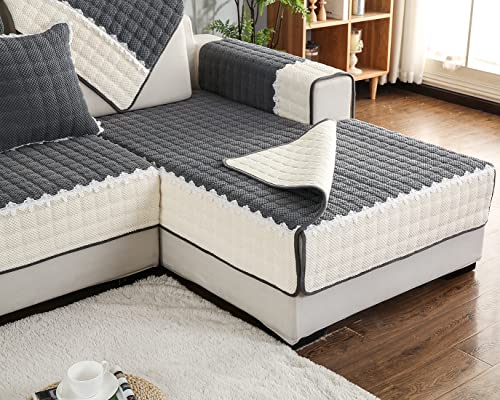 vctops Soft Corduroy Sofa Couch Cover, Plaid Sectional Couch Covers, Non-Slip Sofa Slipcover for Dogs Cats Kids(Dark Grey,28"x28")
