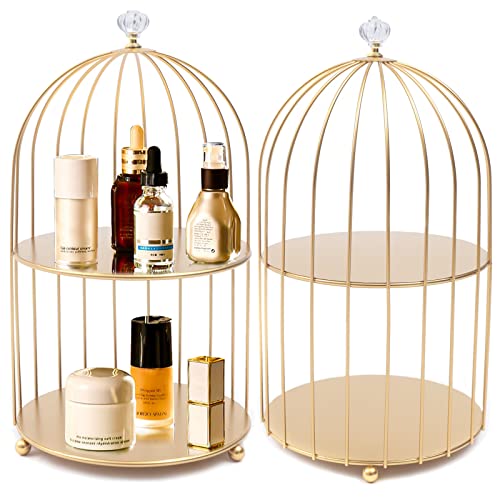 Birdcage Makup Organizor, Cosmetics Storage Rack, 2-Tire Bathroom Storage, Gold Metal Cosmetic Tray, Dessert Cupcake Rack, Vintage Jewelry Stand, Home Decoration for Bathroom and Bedroom