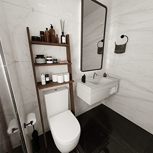 GENESIS WOODESIGN Over The Toilet Bathroom Organizer Shelves, 3-Tier Freestanding Above Toilet Storage Ladder Shelf, Standing Space Saver Behind Toilet Small Bathroom Organizer (Walnut)