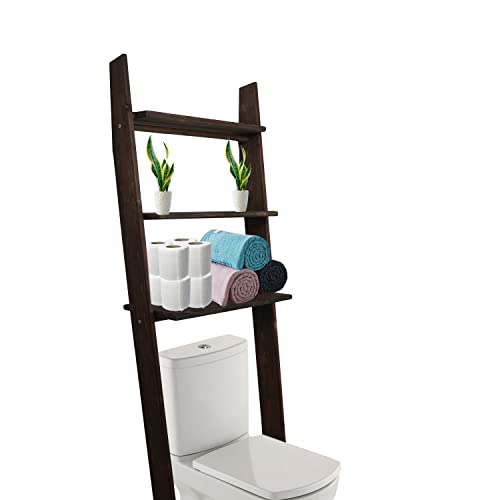 GENESIS WOODESIGN Over The Toilet Bathroom Organizer Shelves, 3-Tier Freestanding Above Toilet Storage Ladder Shelf, Standing Space Saver Behind Toilet Small Bathroom Organizer (Walnut)