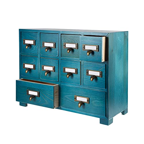 PACKGILO Vintage Medicine Cabinet Wood Chinese Apothecary Cabinet with Drawers & Labels Rustic Library Card Catalog Cabinet Desktop Medicine Cabinet Organizer HerbalăTea BagăJewelry Storage(Blue)