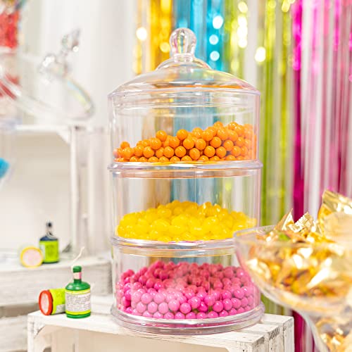 DecorFest 3-Tier Stackable Plastic Candy Jar with Lid Premium Acrylic Plastic BPA-Free, Decorative Canister Organizer Apothecary – 6” Diameter x 12”H - Clear