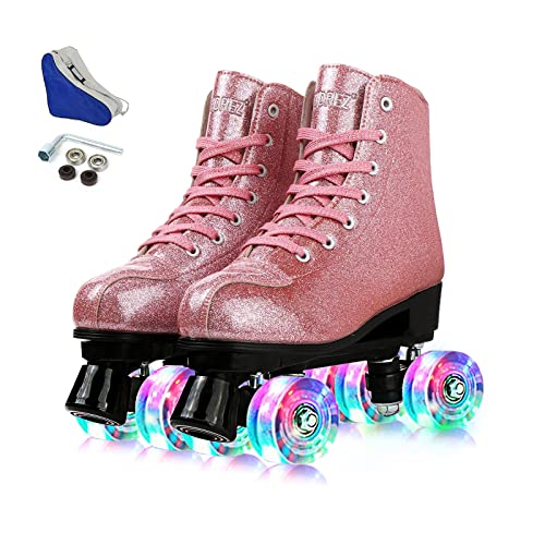 YYW Roller Skate for Women Men Light up Wheel - Double Roller Skater High-top PU Leather Roller Skate Shoes Adjustable PU Roller Skates with Four Piles for Adult Girls Beginners Pink