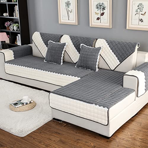vctops Soft Corduroy Sofa Couch Cover, Plaid Sectional Couch Covers, Non-Slip Sofa Slipcover for Dogs Cats Kids(Dark Grey,28"x28")
