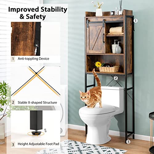 Tangkula Over-The-Toilet Storage Cabinet, Freestanding 4-Tier Bathroom Organizer Rack w/Adjustable Shelf & Sliding Barn Door, Multifunctional Bathroom Space Saver, 25 x 9.5 x 67.5 in (Rustic Brown)