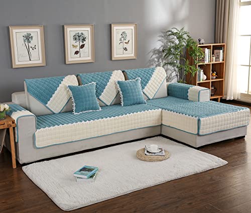 vctops Soft Corduroy Sofa Couch Cover, Plaid Sectional Couch Covers, Non-Slip Sofa Slipcover for Dogs Cats Kids(Blue,36"x63")