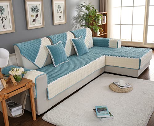 vctops Soft Corduroy Sofa Couch Cover, Plaid Sectional Couch Covers, Non-Slip Sofa Slipcover for Dogs Cats Kids(Blue,36"x63")
