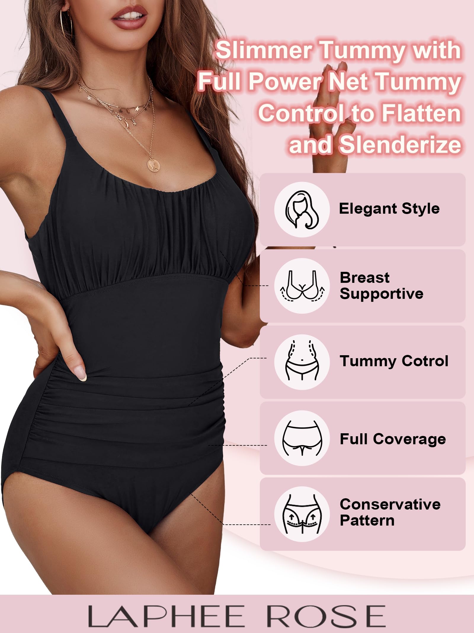 LAPHEE ROSE One Piece Swimsuit for Women Tummy Control Bathing Suits Ruched Swimwear-Black-M