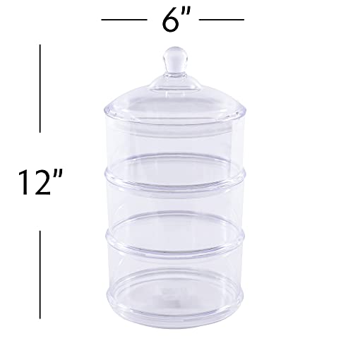 DecorFest 3-Tier Stackable Plastic Candy Jar with Lid Premium Acrylic Plastic BPA-Free, Decorative Canister Organizer Apothecary – 6” Diameter x 12”H - Clear