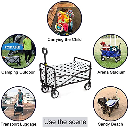 Collapsible Wagon Cart Seamless White with Black dot Decorative Good for Printing Foldable Utility Wagon Large Capacity Garden Cart with Push Bar for Beach Camp Outdoor Shopping