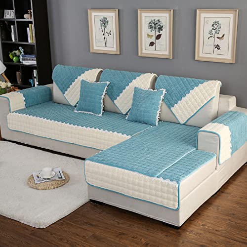 vctops Soft Corduroy Sofa Couch Cover, Plaid Sectional Couch Covers, Non-Slip Sofa Slipcover for Dogs Cats Kids(Blue,36"x63")