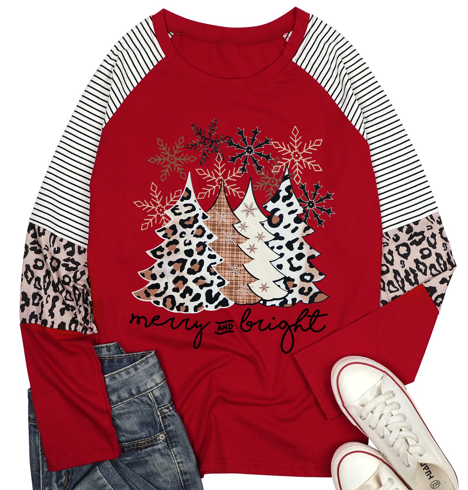 Christmas T Shirt Womens Merry and Bright Shirt Xmas Leopard Print Tree T-Shirt Holiday Graphic Tee Tops (Red, XX-Large)