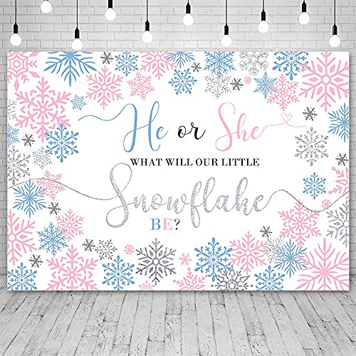 ABLIN 8x6ft Snowflake Gender Reveal Backdrop He or She What Will Our Little Snowflake Be Theme Party Banner Blue Pink Snowflakes Photography Background Decor Photo Booth Props