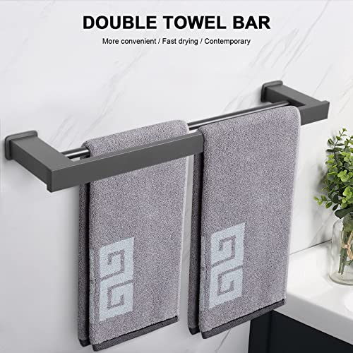 NearMoon Double Bath Towel Bar, Bathroom Accessories-Premium Thicken Space Aluminum Square Shower Towel Rack for Bathroom/Kitchen, Towel Holder Wall Mounted (24 Inch, Grey)