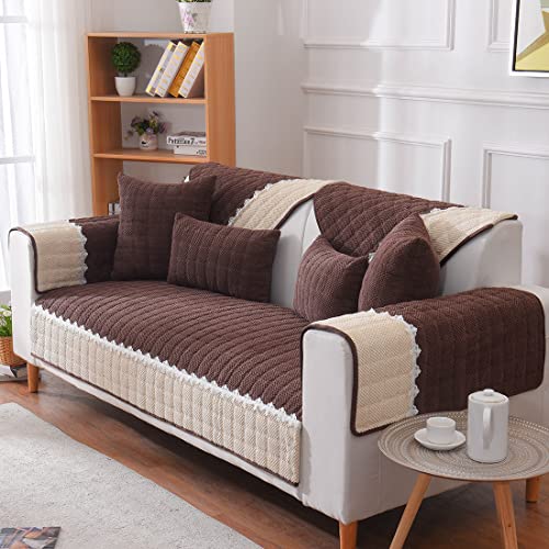 vctops Soft Corduroy Sofa Couch Cover, Plaid Sectional Couch Covers, Non-Slip Sofa Slipcover for Dogs Cats Kids(Brown,43"x43")