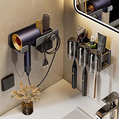 LUYU Nail-Free Glue Adhesive Hair Dryer Holder Wall Mount,Hair Tool Organizer for Bathroom ,Aluminum Alloy Multi-Functional Hair Dryer Rack for Dyson Supersonic(Aluminum Grey)