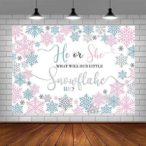 ABLIN 8x6ft Snowflake Gender Reveal Backdrop He or She What Will Our Little Snowflake Be Theme Party Banner Blue Pink Snowflakes Photography Background Decor Photo Booth Props