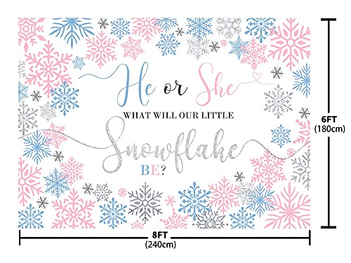 ABLIN 8x6ft Snowflake Gender Reveal Backdrop He or She What Will Our Little Snowflake Be Theme Party Banner Blue Pink Snowflakes Photography Background Decor Photo Booth Props