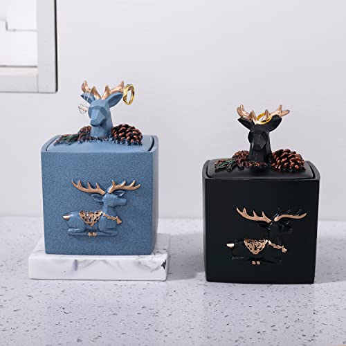 Mekoly Cotton Swab Holder, Resin Qtip Holder with Lids, 3 Compartments Dispenser Storage Box Cosmetics Countertop Organizer Containers Apothecary Jars Christmas Reindeer,Blue