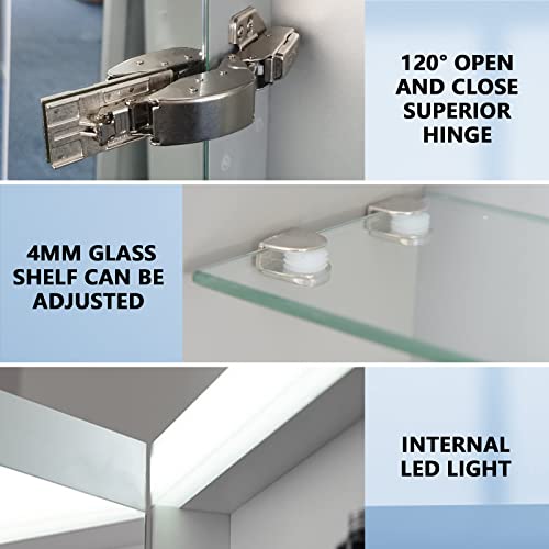 ES-DIY 24''x 30''LED Lighted Bathroom Medicine Cabinet with Mirror,Surface Lighted Medicine Cabinet,Dimmable,Adjustable Shelves,Intelligent Switch Medicine Cabinet, Aluminum Frame,Hinge On Left Side
