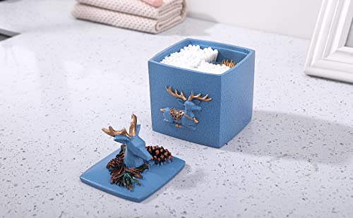 Mekoly Cotton Swab Holder, Resin Qtip Holder with Lids, 3 Compartments Dispenser Storage Box Cosmetics Countertop Organizer Containers Apothecary Jars Christmas Reindeer,Blue