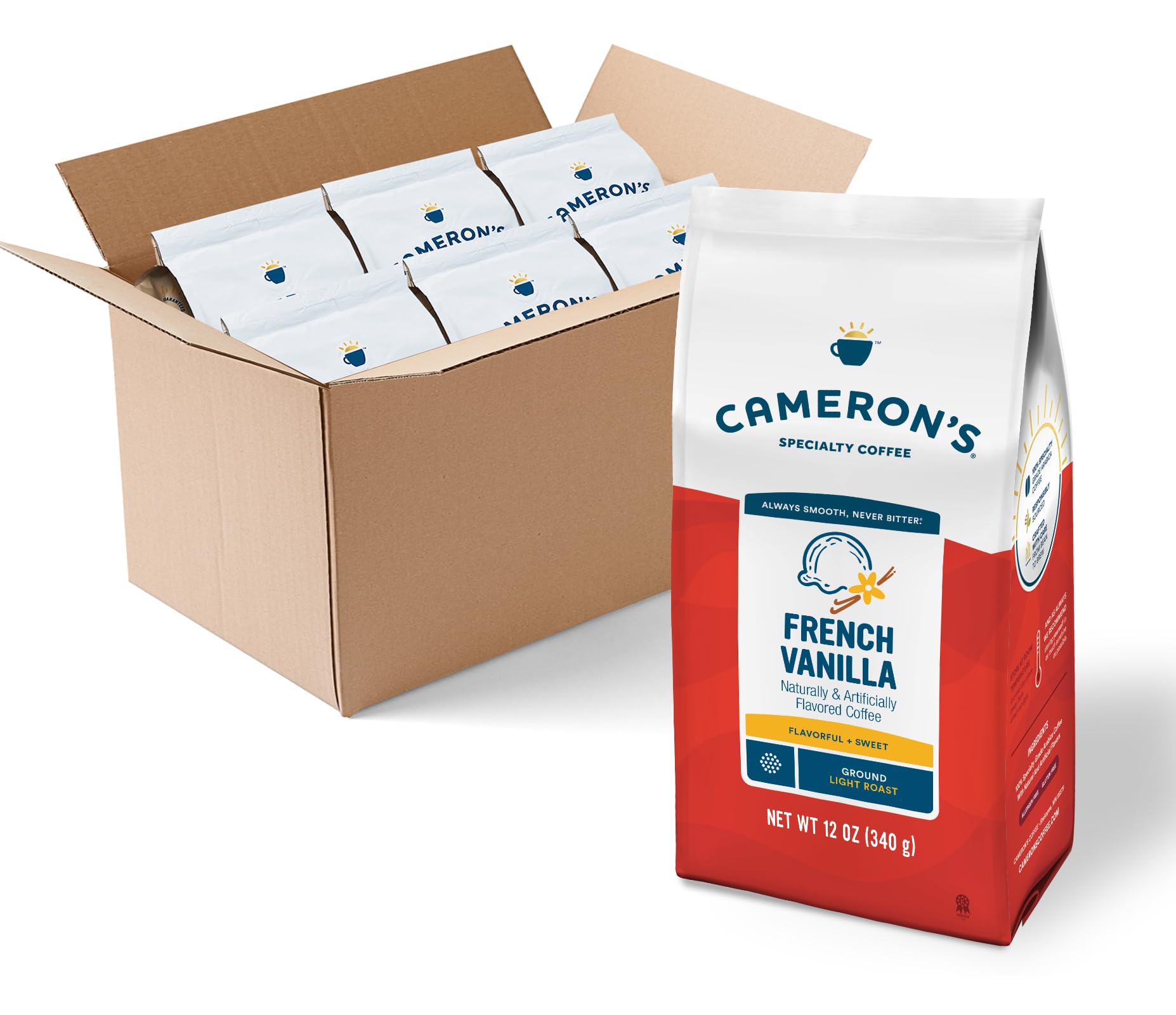 Cameron's Coffee Roasted Ground Coffee Bag, Flavored, French Vanilla, 12 Ounce, Pack of 6
