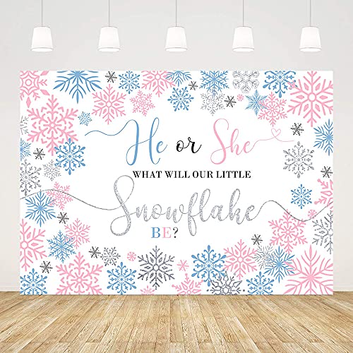 ABLIN 8x6ft Snowflake Gender Reveal Backdrop He or She What Will Our Little Snowflake Be Theme Party Banner Blue Pink Snowflakes Photography Background Decor Photo Booth Props