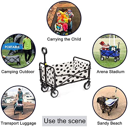 Collapsible Wagon Cart Hipster Polka dot Black and White Abstract with Scribble Circles Hand Foldable Utility Wagon Large Capacity Garden Cart with Push Bar for Beach Camp Outdoor Shopping
