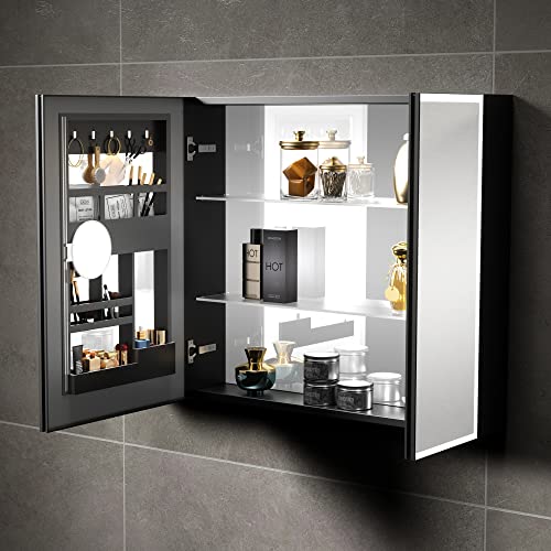 VESLINY Medicine Cabinets 30x32 LED Lighted Medicine Cabinet with Mirror for Bathroom Double Doors with Flip-Out Magnifying Mirror Door Storage Defogger Dimmable Lighting Black Surface Wall Mount
