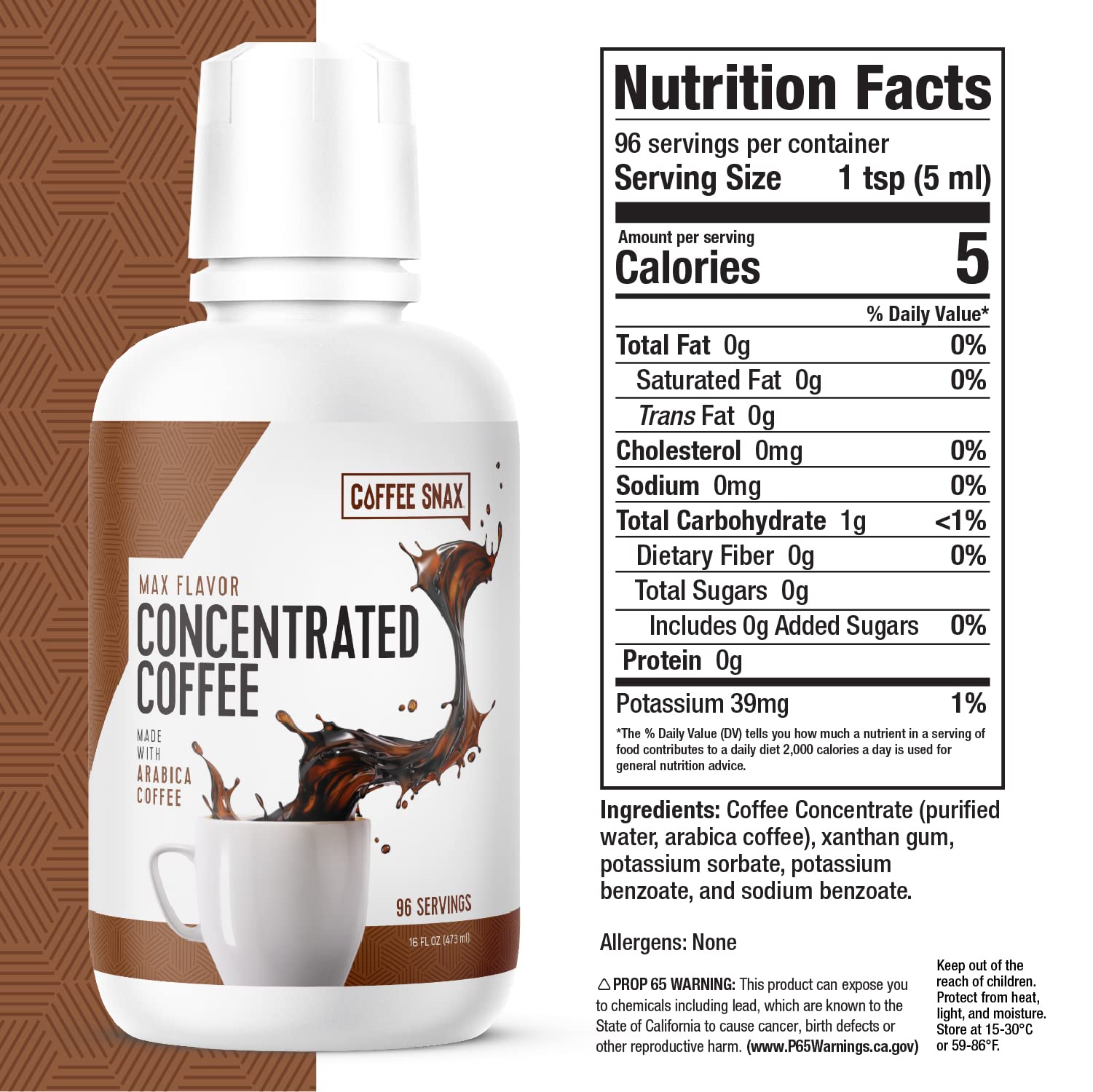 Coffee Snax Cold Brew Coffee Concentrate, Unsweetened Black Coffee Concentrate with No Added Sugar (Bulk 96 Servings Bottle)