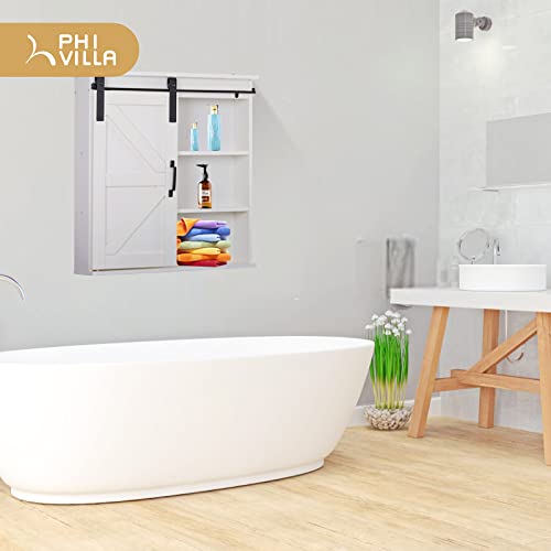 PHI VILLA Farmhouse Bathroom Wall Cabinet with Sliding Barn Door Medicine Storage Cabinet Wall Mounted with 3-Tier Rustic Storage Cabinet for Bathroom Furniture, White(Bathroom Shelves Included)