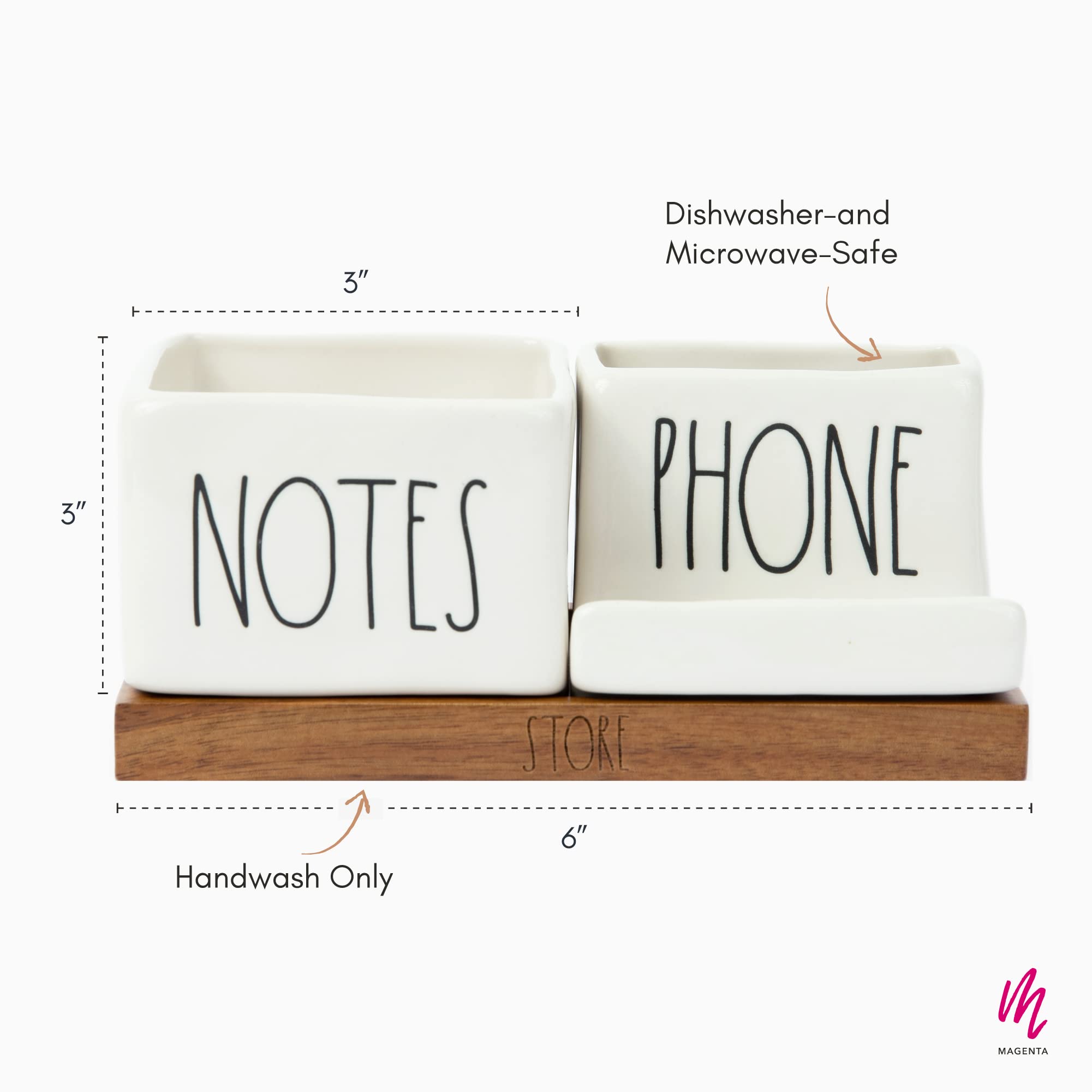 Rae Dunn Desk Organizer, Ceramic and Wood Organizer Tray with Cell-Phone Holder, Note-Card Holder, and Pen Holder, Organizer for Office Desk Accessories
