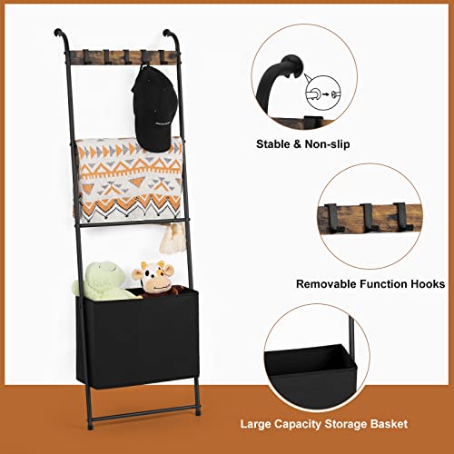 Blanket Ladder with Basket Towel Ladder Blanket Holder with Storage Basket 4 Tier Farmhouse Wall Leaning Ladder Rack with 5 Hanging Hooks for Bathroom Living Room Bedroom Rustic Brown