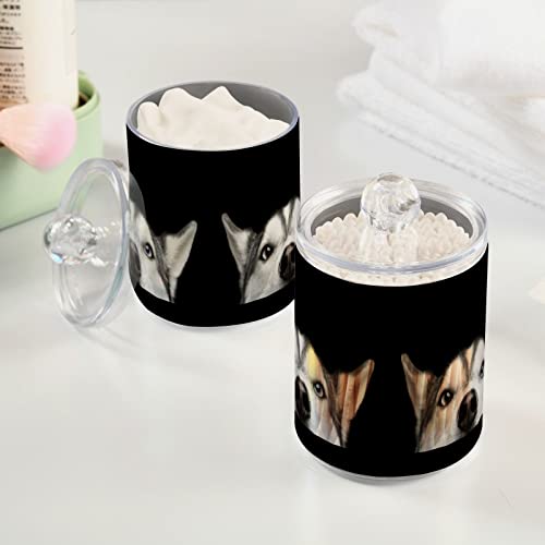 2 Pack Qtip Holder Dispenser Husky Dog Look Apothecary Jars with Lids Dog Plastic Acrylic Bathroom Vanity Countertop Canister Storage Organizer for Cotton Ball,Swabs,Pads,Floss