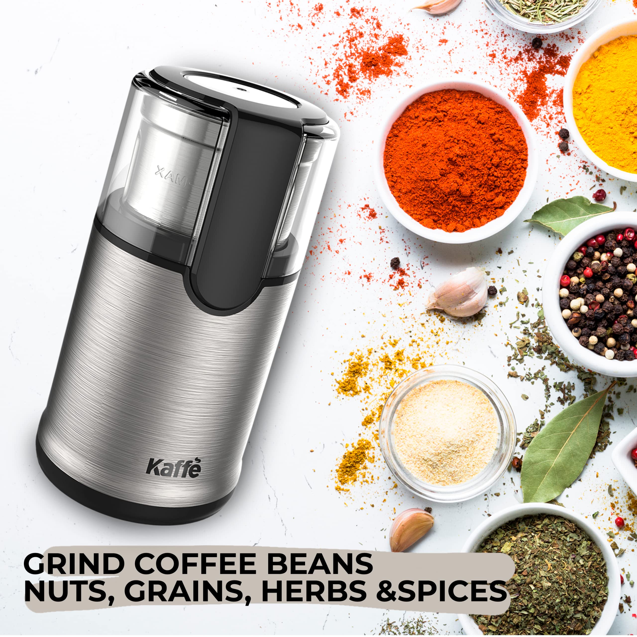 Kaffe Electric Coffee Grinder with Removable Cup (3.5oz) - Stainless Steel - Cleaning Brush Included - Espresso Coffee Bean Grinder for Home Use - Silver