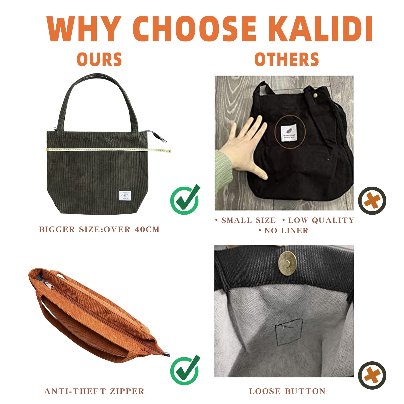KALIDI Large Totes Bag Women Corduroy Shoulders Handbag Lightweight Shopping Purse with Zipper Pockets, Green