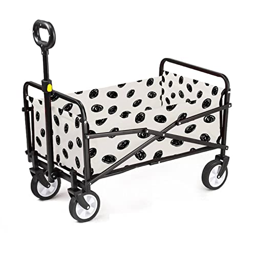 Collapsible Wagon Cart Hipster Polka dot Black and White Abstract with Scribble Circles Hand Foldable Utility Wagon Large Capacity Garden Cart with Push Bar for Beach Camp Outdoor Shopping