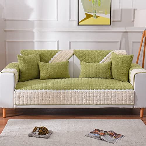 vctops Soft Corduroy Sofa Couch Cover, Plaid Sectional Couch Covers, Non-Slip Sofa Slipcover for Dogs Cats Kids(Grass Green,36"x94")