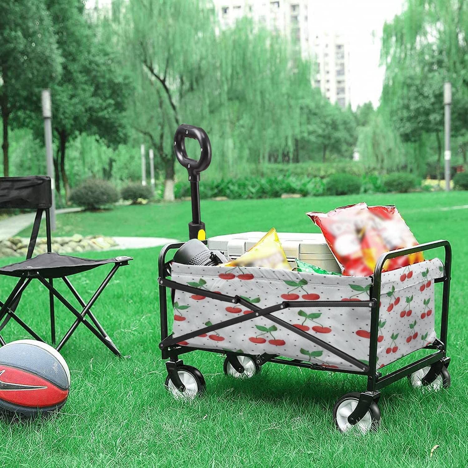 Collapsible Wagon Cart Cherry Seamless Hand Drawn Cherries on Dotted Black and White Painted Foldable Utility Wagon Large Capacity Garden Cart with Push Bar for Beach Camp Outdoor Shopping