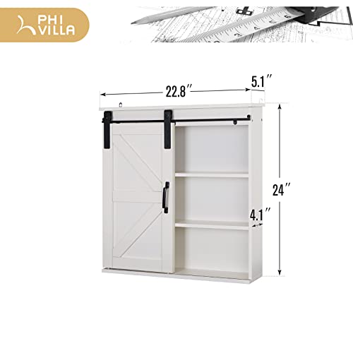 PHI VILLA Farmhouse Bathroom Wall Cabinet with Sliding Barn Door Medicine Storage Cabinet Wall Mounted with 3-Tier Rustic Storage Cabinet for Bathroom Furniture, White(Bathroom Shelves Included)