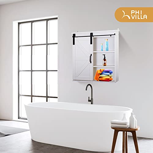 PHI VILLA Farmhouse Bathroom Wall Cabinet with Sliding Barn Door Medicine Storage Cabinet Wall Mounted with 3-Tier Rustic Storage Cabinet for Bathroom Furniture, White(Bathroom Shelves Included)